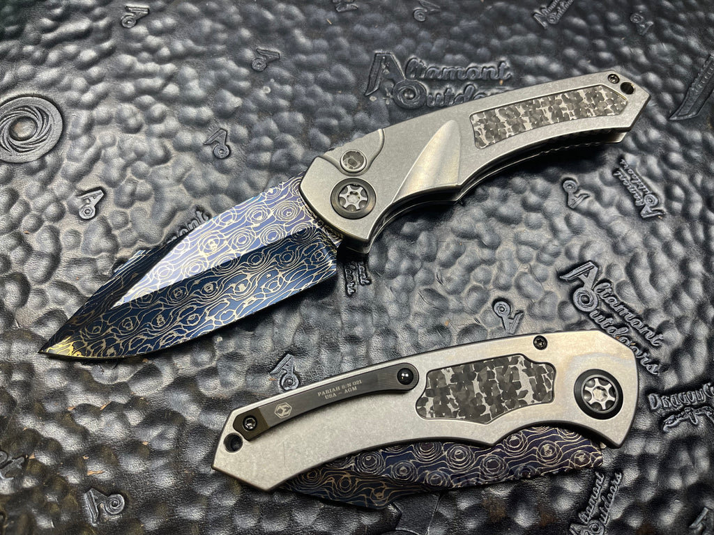 Heretic Knives Custom Pariah Auto Hand Ground Vegas Forge Blued Damasc ...