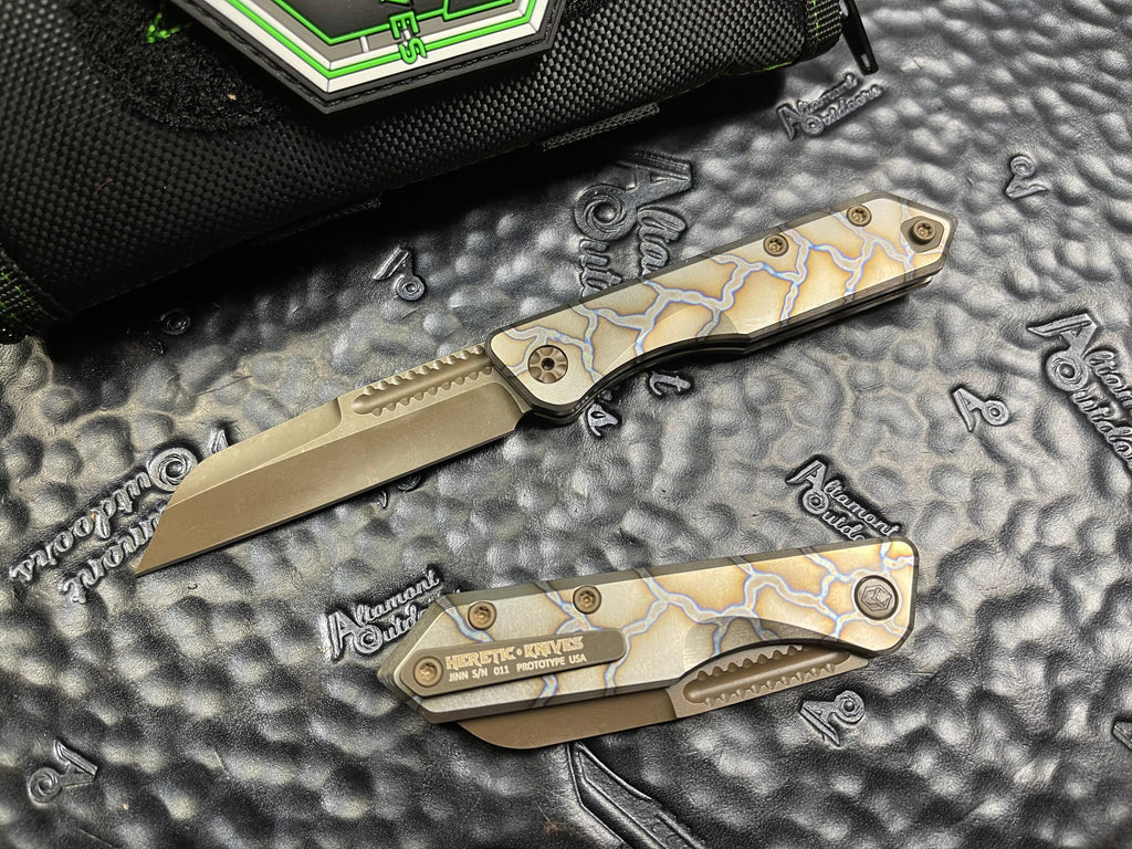 Heretic Knives Custom Prototype Jinn Slipjoint Flamed Ti Scales, BW Br ...