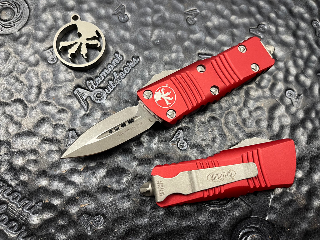 Microtech Troodon Mini D/E OTF Red handle, APOCALYPTIC Double Edge bla ...