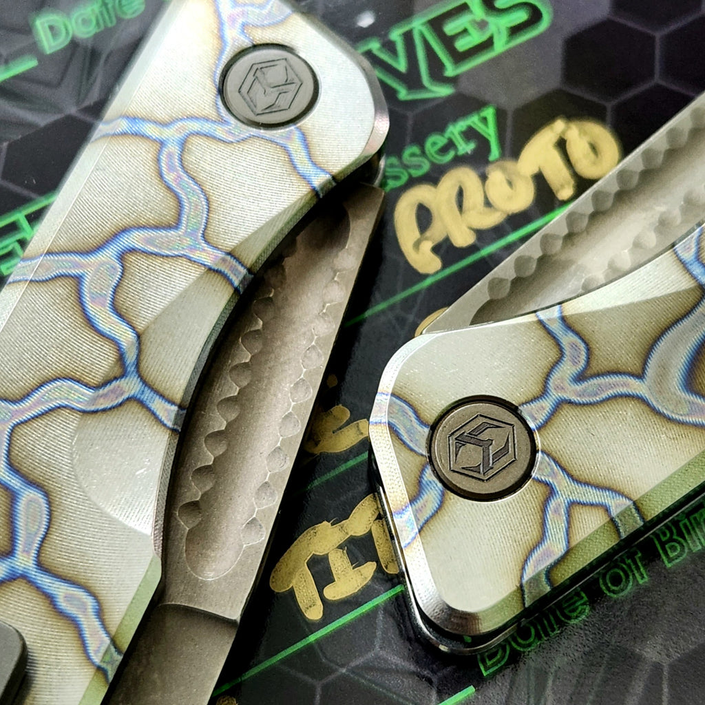 Heretic Knives Custom Prototype Jinn Slipjoint Flamed Ti Scales, BW Br ...